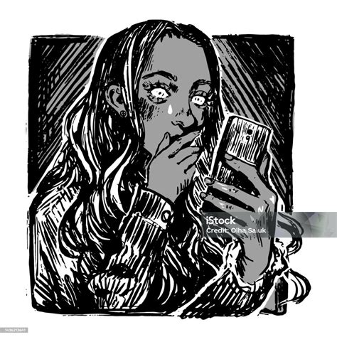 걱정스러운 소녀는 전화 화면을보고 울었습니다 나쁜 뉴스 개념 흑백 손으로 그린 벡터 일러스트레이션 흰색에 고립 된 그래픽 그림