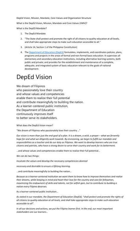 Deped Vision Mission Mandate Core Values