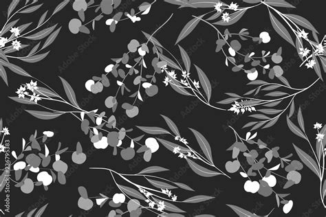 Eucalyptus Vector Monochrome Seamless Pattern With Vector Leaves