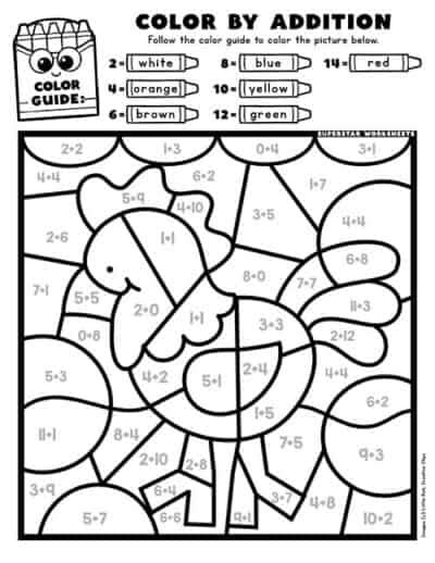 Addition Color By Number Superstar Worksheets