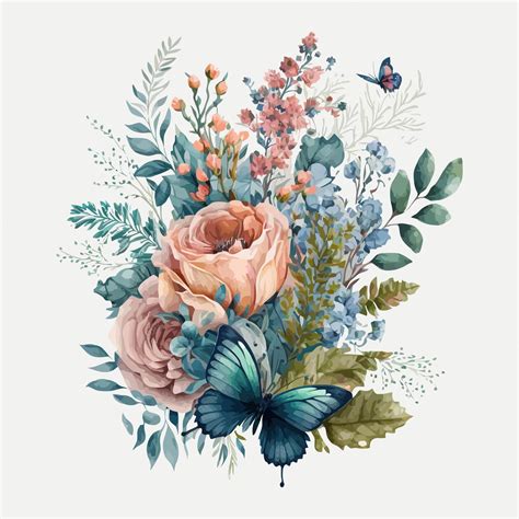 Ilustración De Ramo Floral Acuarela Con Mariposa Rubor Rosa Azul