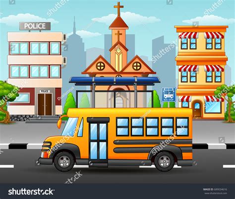 School Bus On City Skyline Background Stock Illustration 689034616