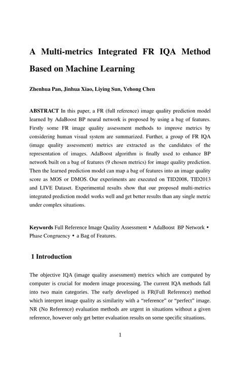 Pdf A Multi Metrics Integrated Fr Iqa Method Based On Machine Learning