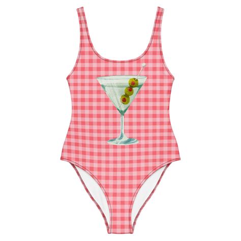 Martini Glass Striped One Piece Swimsuit Retro Cocktail Print Bathing
