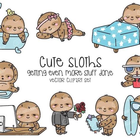 Cute Sloths Clipart Kawaii Summer Sloth Beach Pool Party Digital Clipart Funny Sloth Images