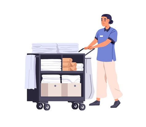 Premium Vector Hotel Maid With Clean Towels Linen On Trolley Hostel