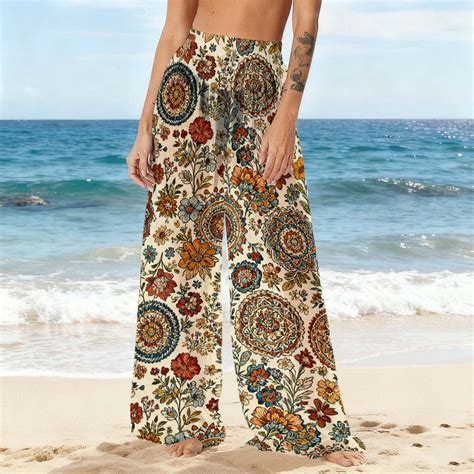 Neewe Womens Chiffon Beach Pants Sheer Wide Leg Palazzo Pants Boho
