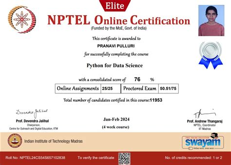 Datascience Python Nptel Iitmadras Certification Skill Pranavi
