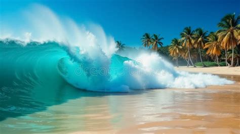 Powerful Ocean Wave Crashing On Tropical Beach Ai Generation Stock Image Image Of Surf