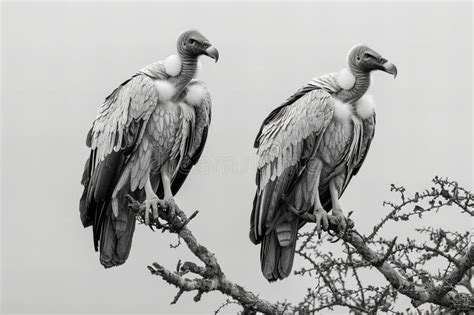 Digital Image Of Black And White Photography Of Two Vultures Perched On