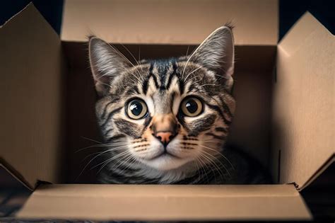 Premium Photo Portrait Cute Grey Tabby Cat In Cardboard Box On Floor At Home Photography