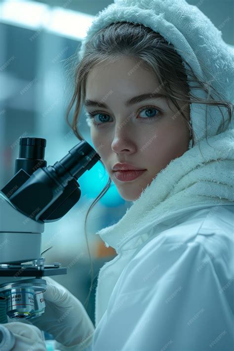 Premium Photo Professional Female Scientist In Lab Coat Using