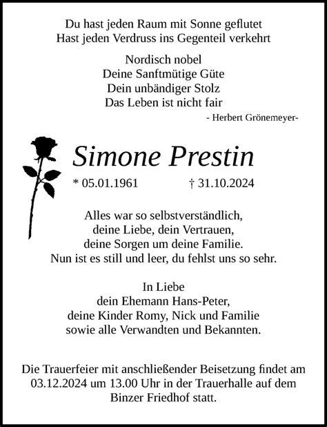 Traueranzeigen Von Simone Prestin Trauer Anzeigen De