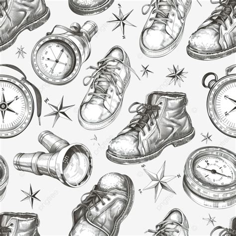 Pattern Seamless Of Compass Binoculars Footprints Of Shoes Hat In Style