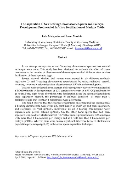 Pdf The Separation Of Sex Bearing Chromosome Sperm And Embryo
