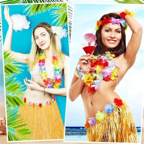 Pieces Luau Grass Table Skirt Tropical Tiki Party Decorations With Hibiscus 9 Ft Hawaiian Table