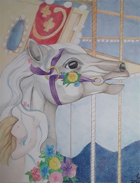 Original Colored Pencil Drawing 11 X 14 Of An Angel Carousel Horse
