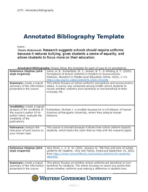Annotated Bibliography Template 2 Annotated Bibliography Template Name Thesis Statement