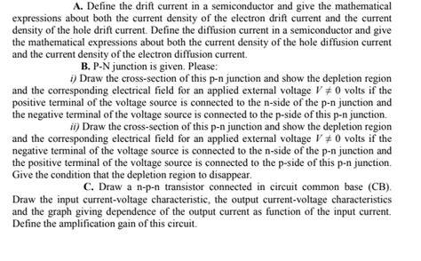 Solved A Define The Drift Current In A Semiconductor And