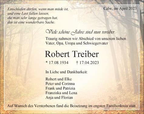 Traueranzeigen Von Robert Treiber Schwarzwälder Bote Trauer
