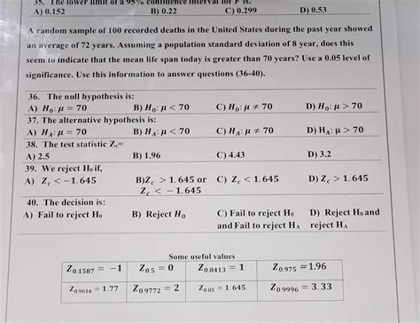 Solved 36 The Null Hypothesis Is A H0μ70 B H0μ
