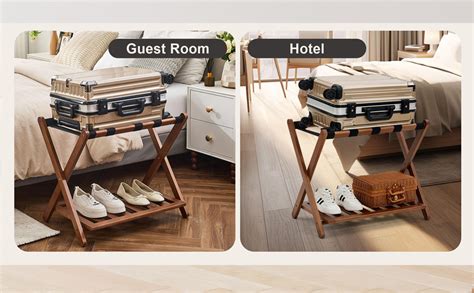 Brown Folding Bamboo Suitcase Stand Luggage Rack For Guest Room