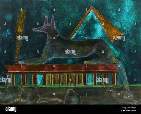 Anubis Lying On A Tomb With Turquoise Background The Dabbing Technique