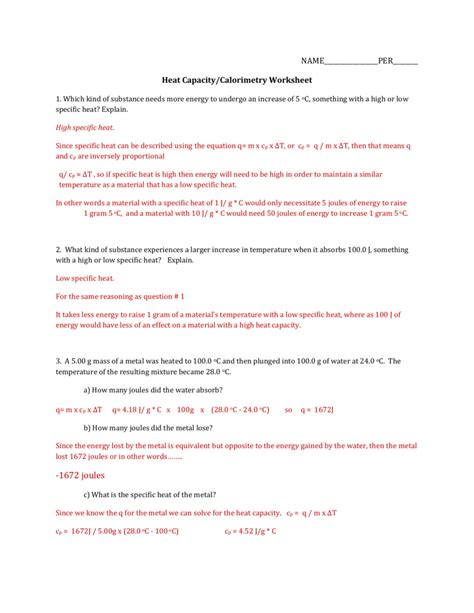 Physical Science Thermal Energy Specific Heat Worksheet Answers