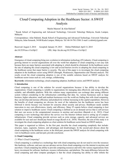 Pdf Cloud Computing Adoption In The Healthcare Sector A Swot Analysis
