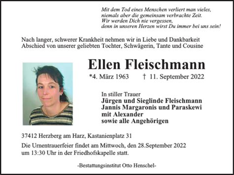 Traueranzeigen Von Ellen Fleischmann Harztrauer De