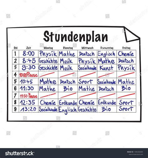 Vector Drawing School Hourly Schedule German Stock Vector Royalty Free