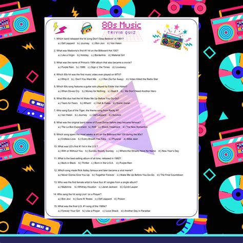 80s Music Trivia Quiz Printable Party Game Pdf Etsy