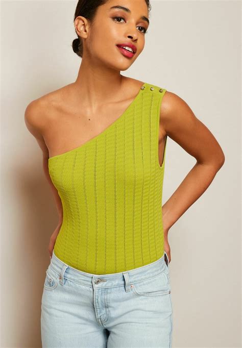 Next Button Detail One Shoulder Knit Top Top Olive Greengrün