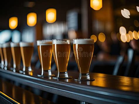 Draft Beer In Glasses On The Bar Stand Ai Generative Stock Illustration Illustration Of Pint