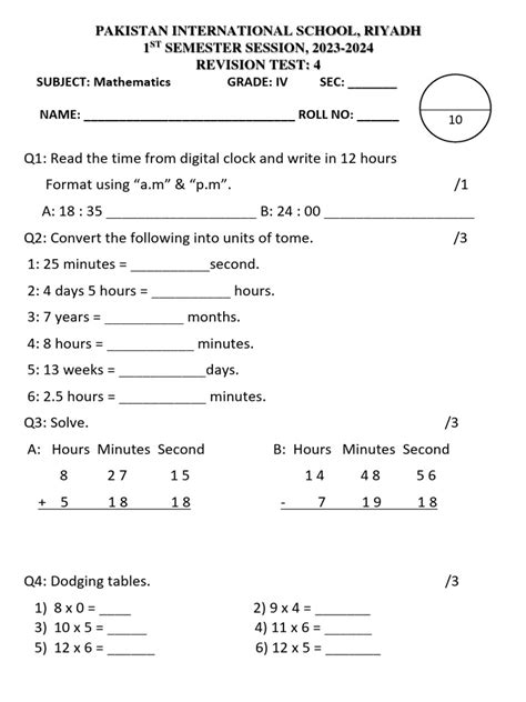 Maths Grade 4 Revision Test 4 Pdf