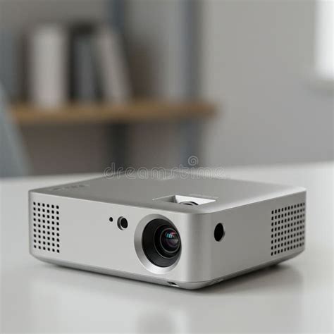 Silver Rectangular Projector With A Minimalist Design On A White Surface Features Stock