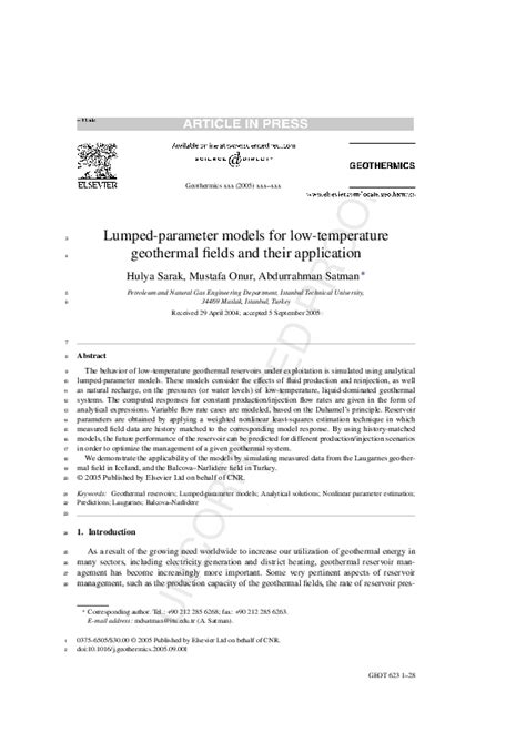 Pdf Lumped Parameter Models For Low Temperature Geothermal Fields And Their Application