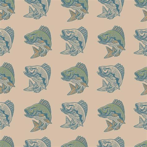 Large Mouth Bass Fish Hand Drawn Seamless Pattern In Vintage Style