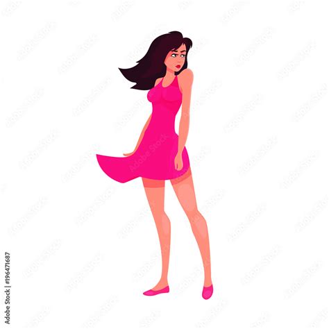 Beautiful Young Woman Girl In Pink Dress Stand On Wind Vector Flat