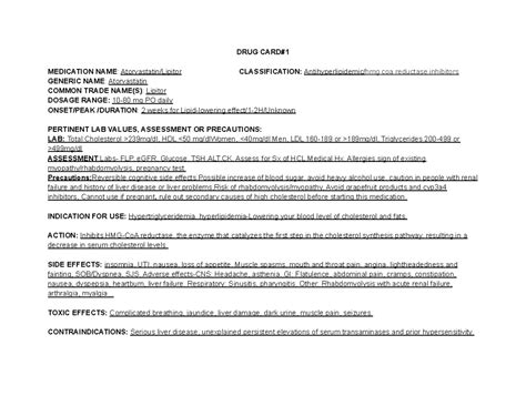 Statin Cards Pharmacology Drug Card Medication Name Atorvastatin