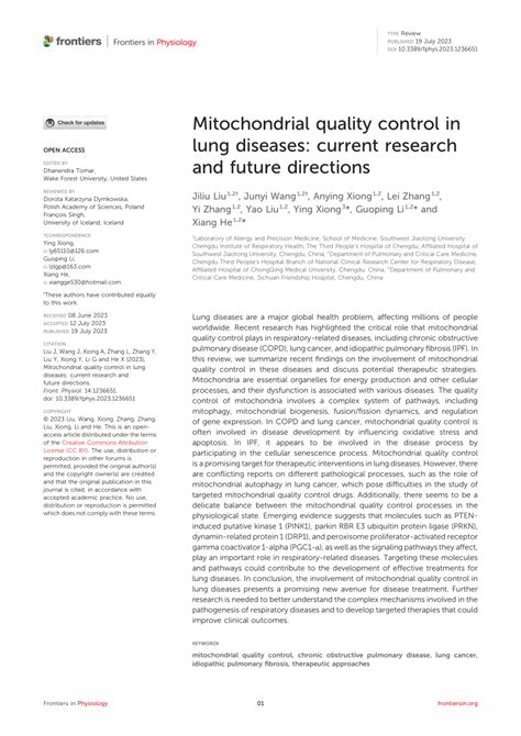 Pdf Mitochondrial Quality Control In Lung Diseases Current Research And Future Directions
