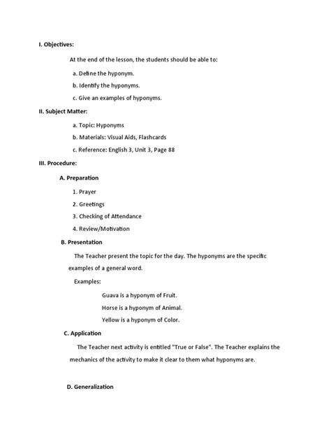 Hyponyms Lesson Plan Pdf