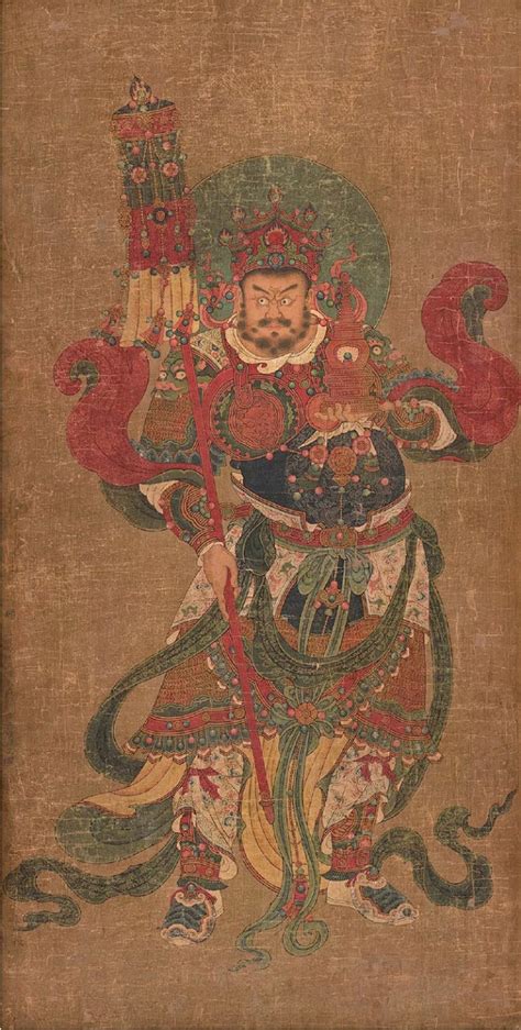 明代绢本四天王像，据说摹自法海寺。款：赐灌顶普善广慈大国师章嘉呼图克图。法海寺帝释护法图中毘流驮迦天王为黑面，提多罗吒天王为青面，毗留博叉为赤面，毗沙门天黄面。