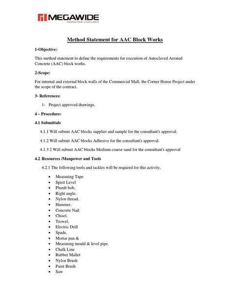 Aac Block Method Statement Pdf Masonry Architectural Elements