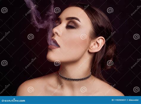 Glamour Seductive Gorgeous Brunette Woman Smoking Electronic Cigarette