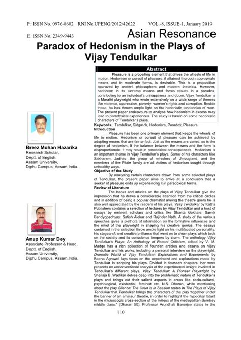 Paradox Of Hedonism In The Plays Of Vijay Tendulkar Abstract Pleasure