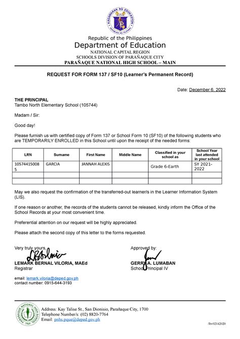4 Request For Form 137 Or Sf10 Republic Of The Philippines Department