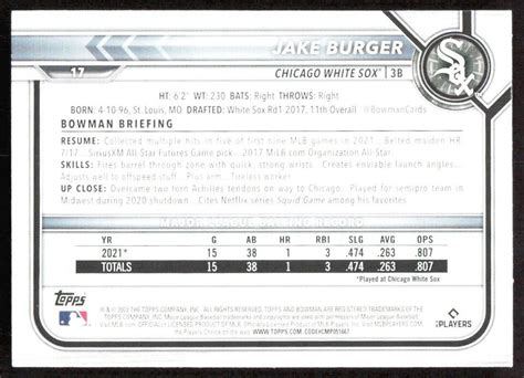 2022 8246a Bowman Jake Burger Rookie Chicago White Sox 17 Ebay