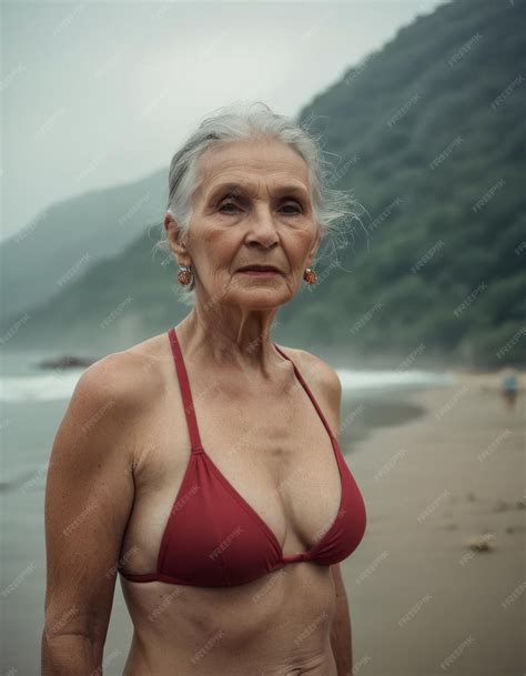 An Old Woman In A Red Bikini Stands On A Beach Premium Ai Generated Image