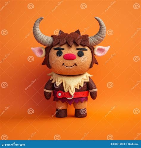 Cute 3d Felt Minotaur Toy Warrior On Solid Background Stock